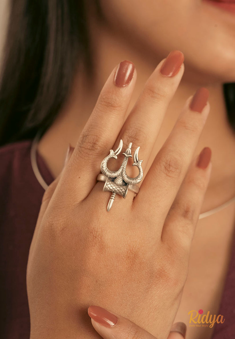 Shiva Trishul Statement Silver Ring